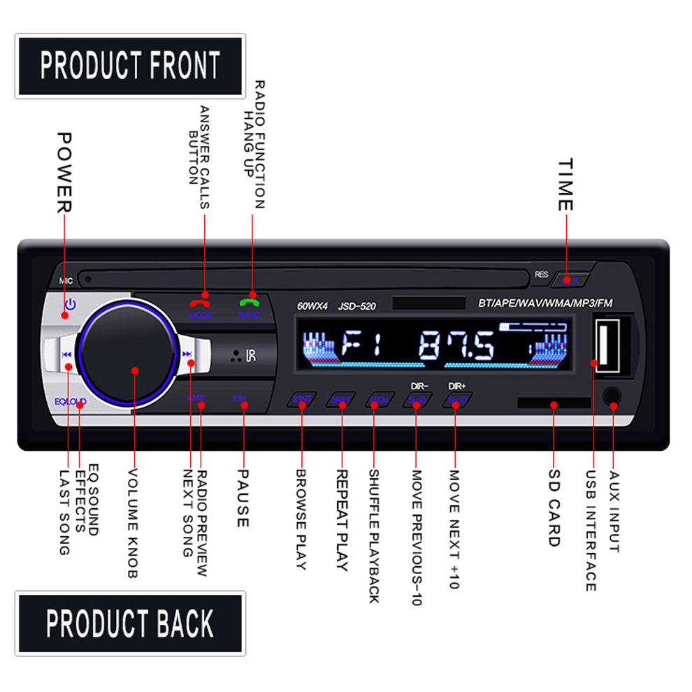 Autoradio 12V JSD-520 Car Radio Bluetooth 1 din Car Stereo Player AUX ...