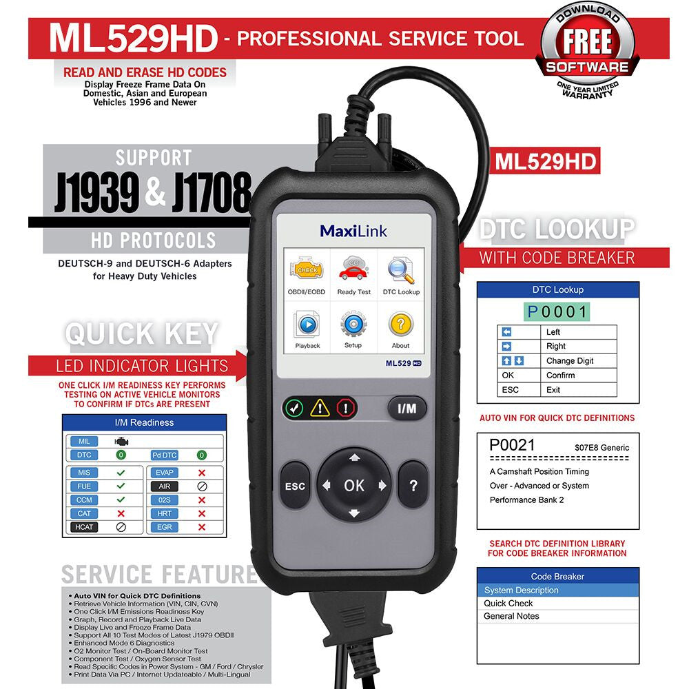 Autel MaxiLink ML529HD Car Diagnostic Tool Full EOBD OBD2 Scanner ...
